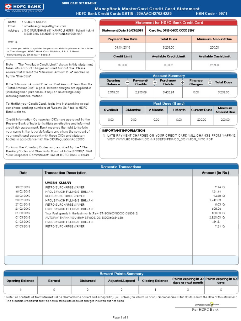 HDFC Credit Card Statement Overview | PDF | Credit Card | Banks