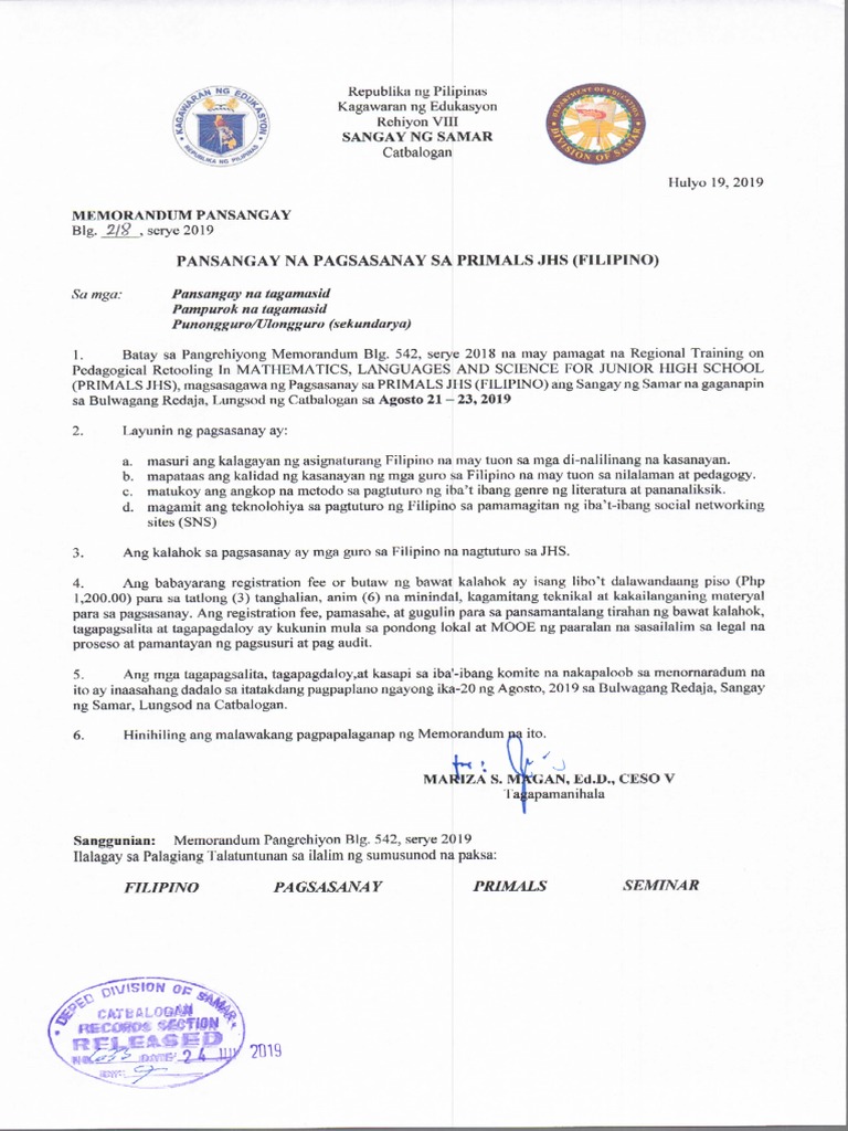 Division Memo No 218, s.2019 - Pansangay Na Pagsasanay Sa Primals Jhs ...