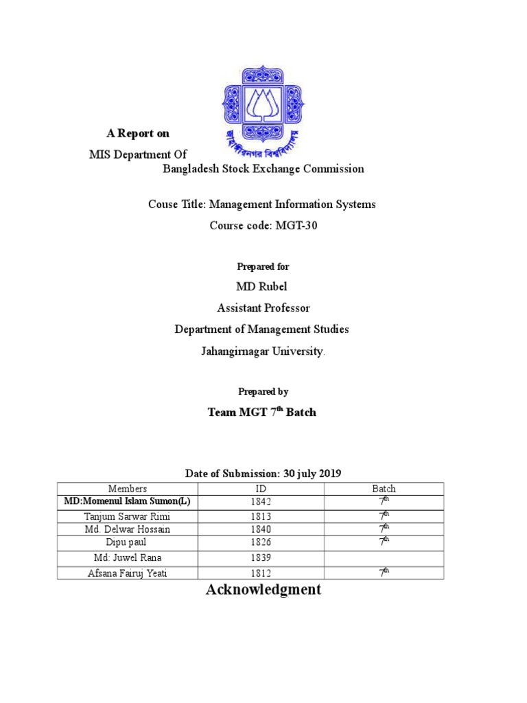 MIS Report on Bangladesh Stock Exchange Commission | PDF