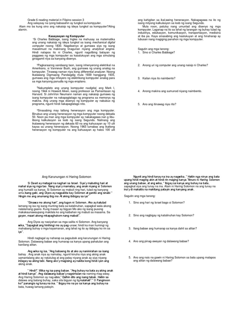 Grade 6 Reading Material in Filipino Session 3 | PDF