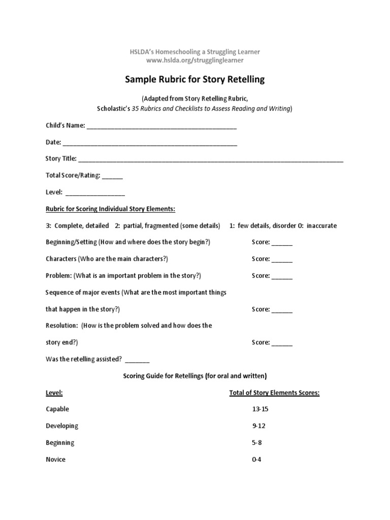 Story Retelling Rubric | PDF
