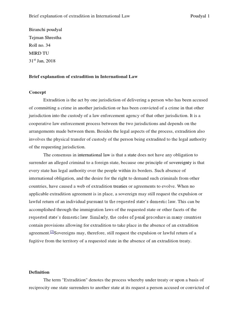 Brief Explanation of Extradition in International Law: Poudyal 1 | PDF ...