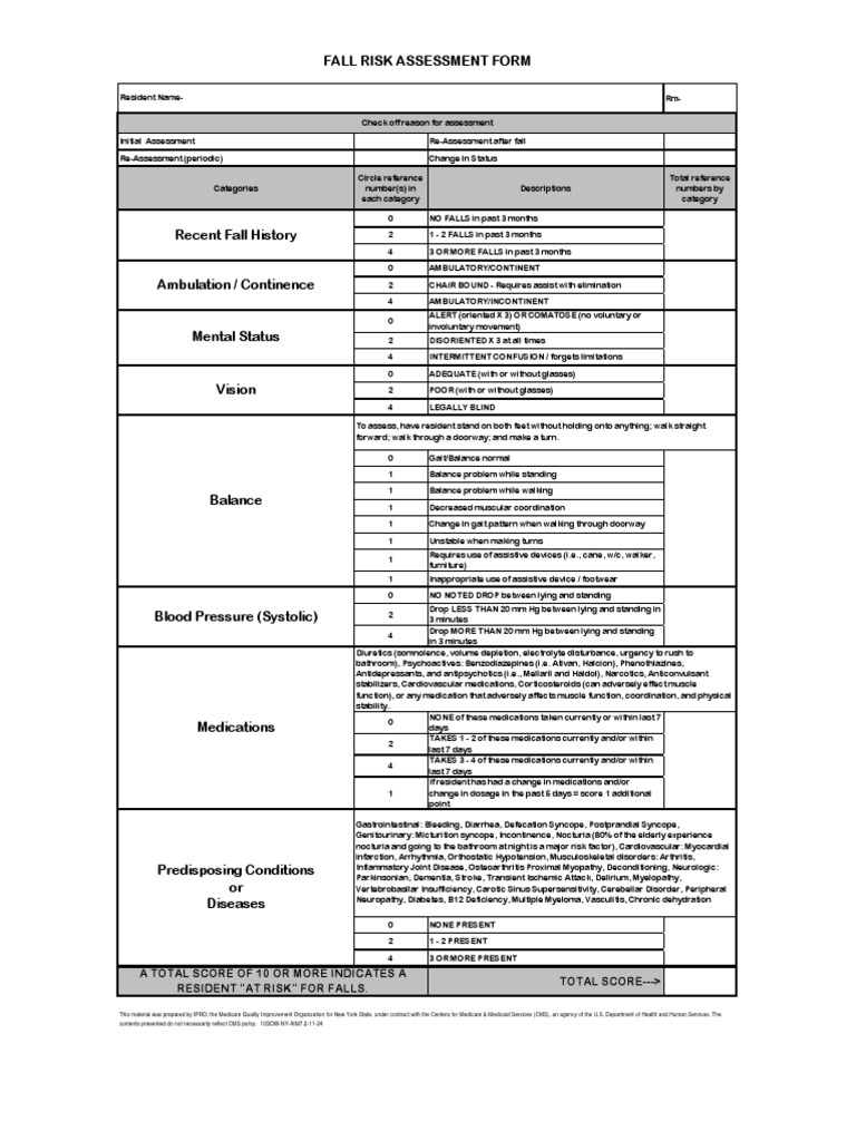Fall Risk Assessment Form: Total Score - A Total Score of 10 or More ...