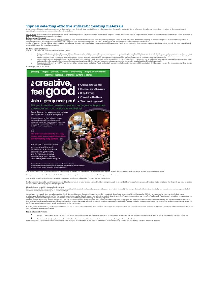 Tips On Selecting Effective Authentic Reading | PDF | Literacy | Vocabulary