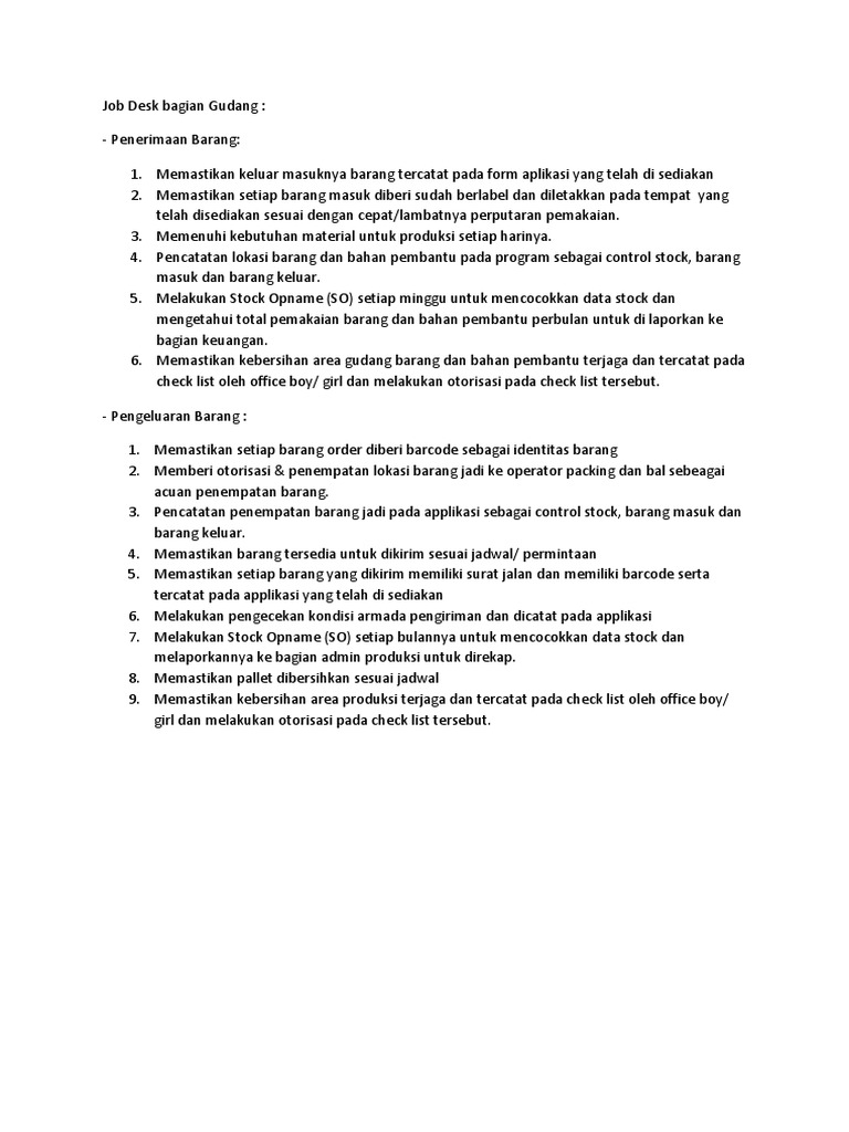 Job Desk Bagian Gudang | PDF