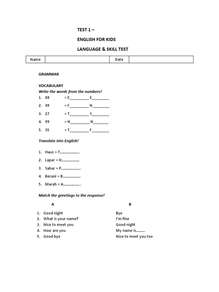 Test 1 - English For Kids Language & Skill Test: Grammar Vocabulary ...