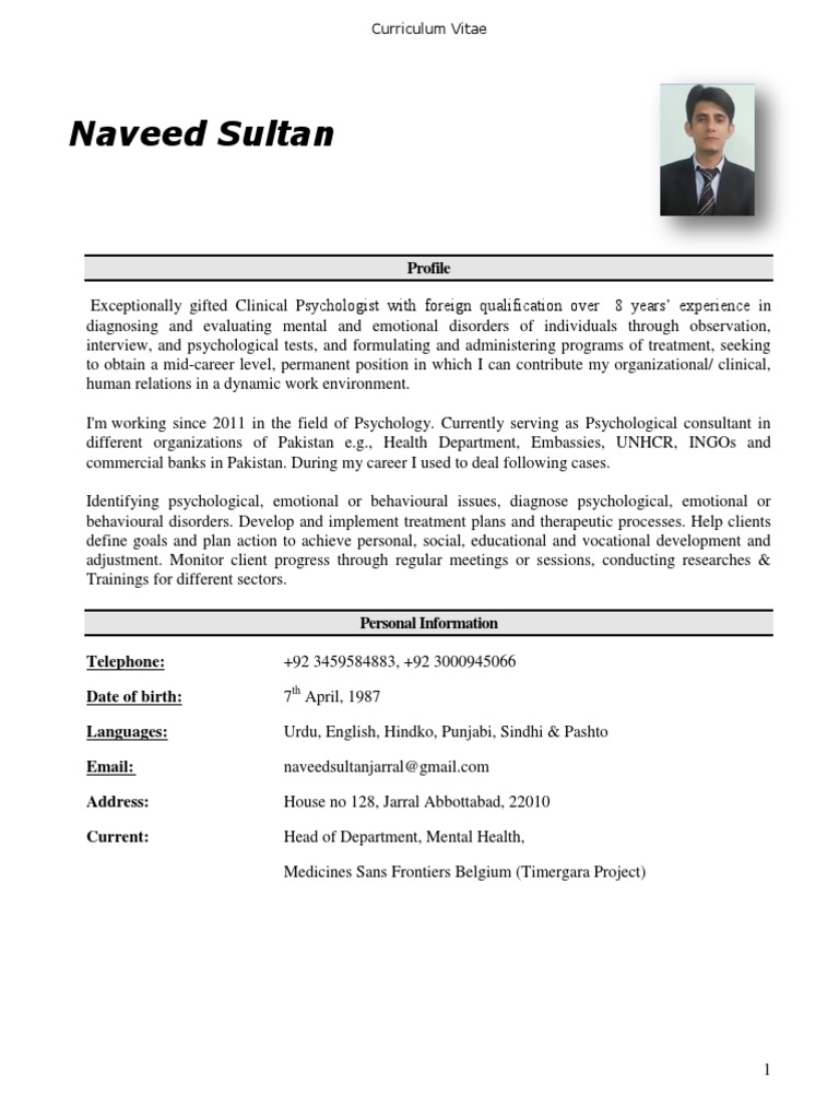 Naveed Sultan Updated CV | PDF | Clinical Psychology | Mental Health