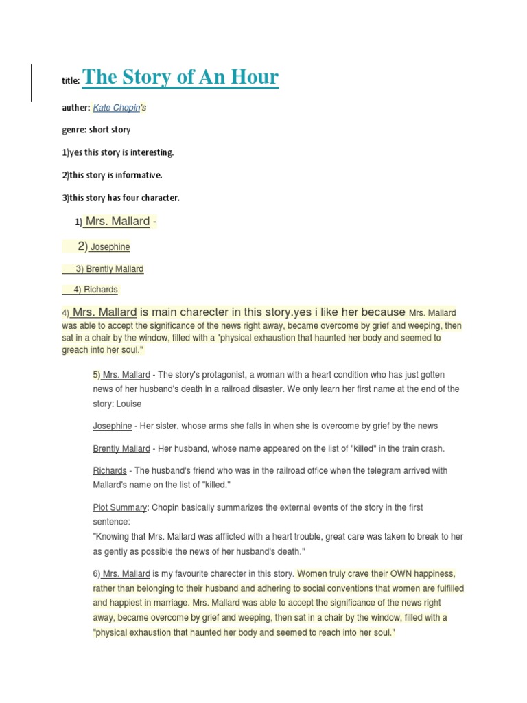 The Story of An Hour: Mrs. Mallard - 2) | PDF