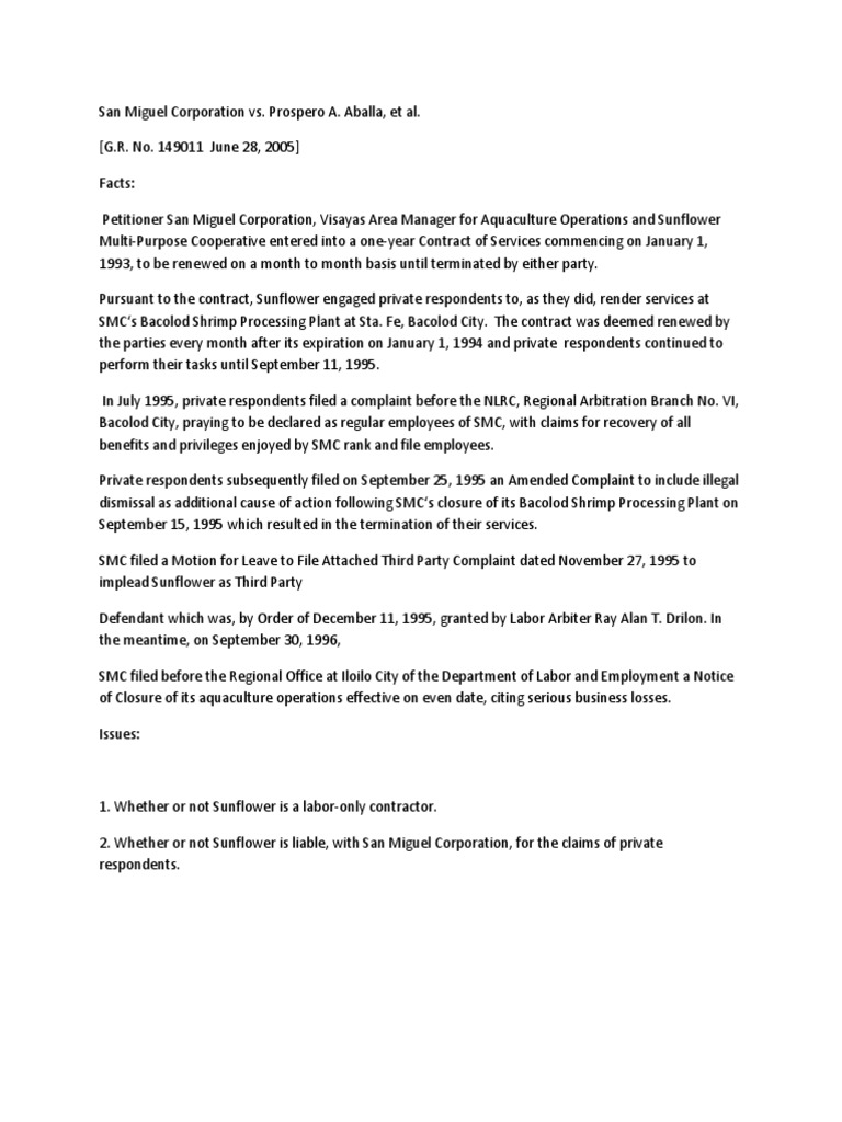 San Miguel Corporation Vs Aballa | PDF | Independent Contractor ...