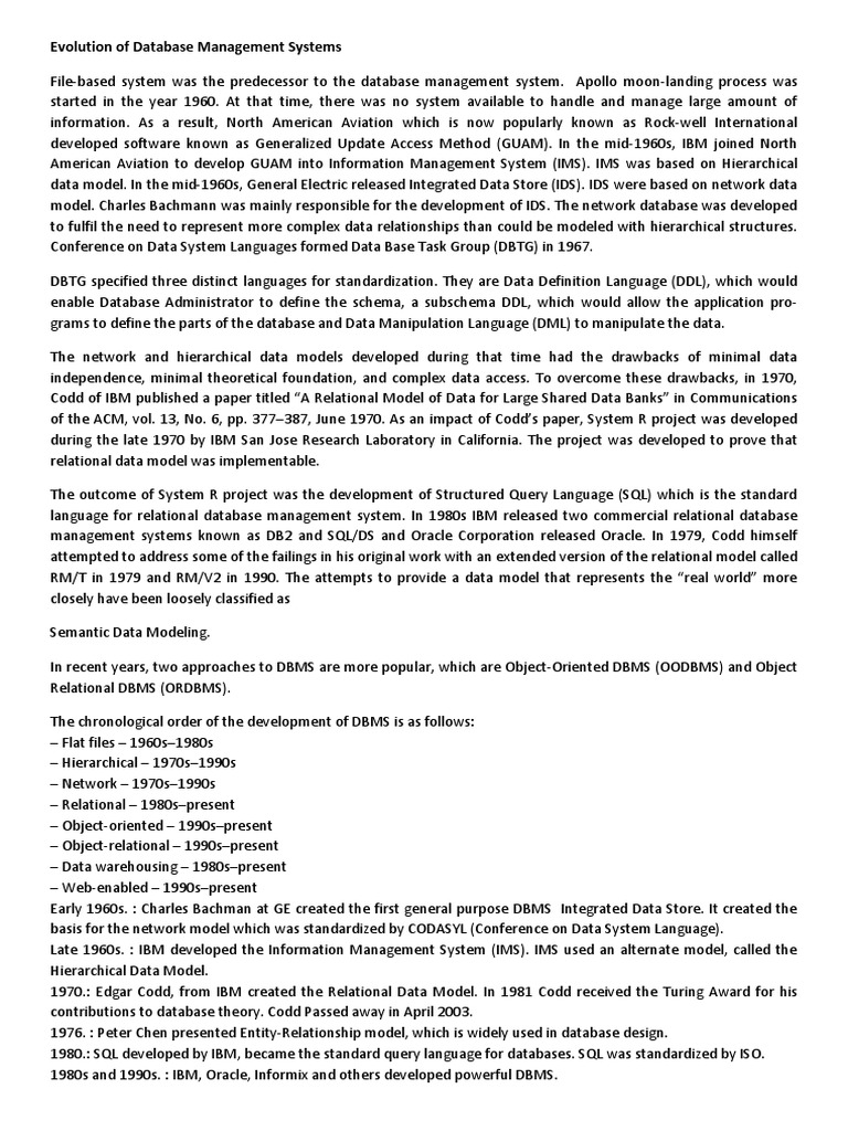Evolution of Database Management Systems | PDF | Databases | Relational ...