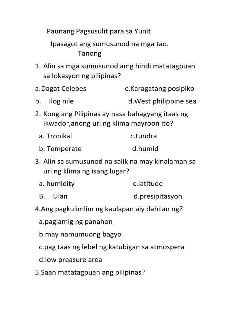 Paunang Pagsusulit para Sa Yunit.1 | PDF
