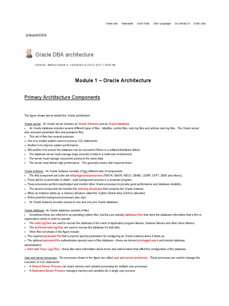 Oracle DBA Architecture | PDF | Oracle Database | Cache (Computing)