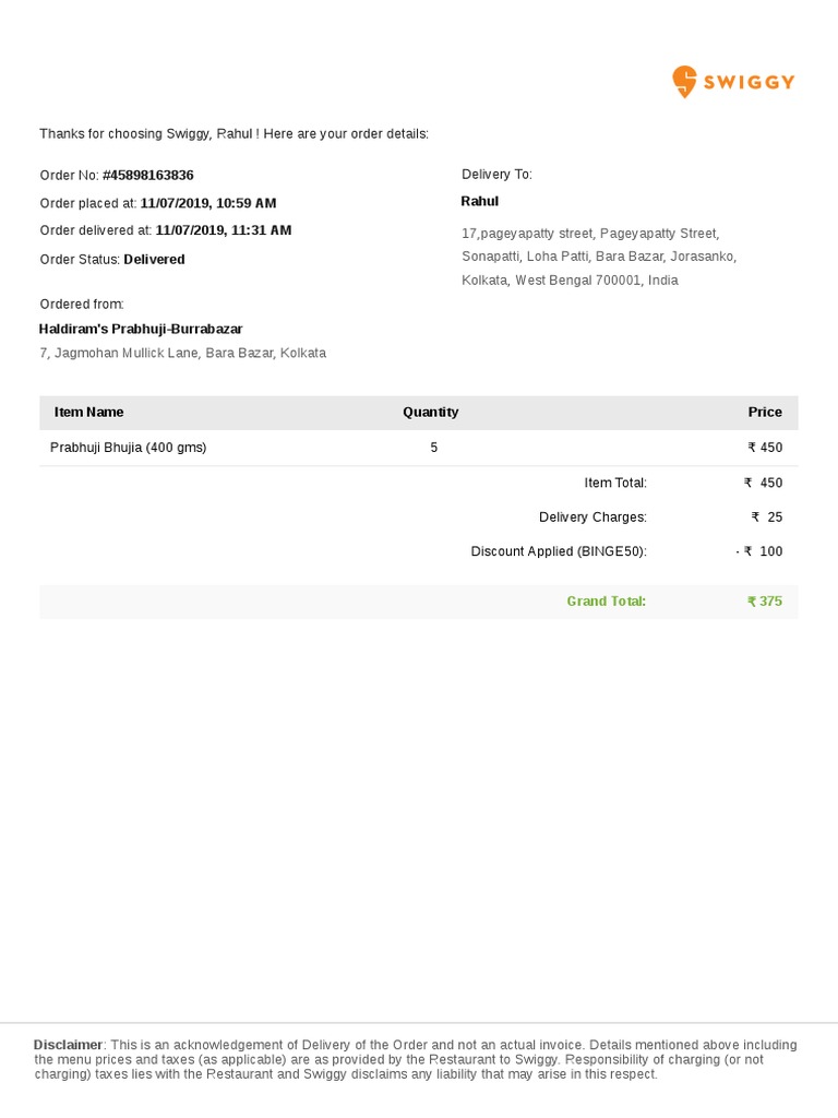 Rahul: Thanks For Choosing Swiggy, Rahul ! Here Are Your Order Details ...