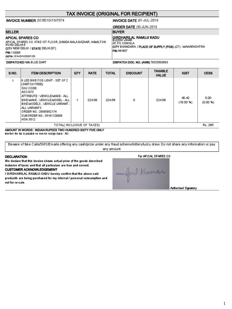 Tax Invoice (Original For Recipient) : 07AKSPK2520P1ZO Gstin | PDF ...
