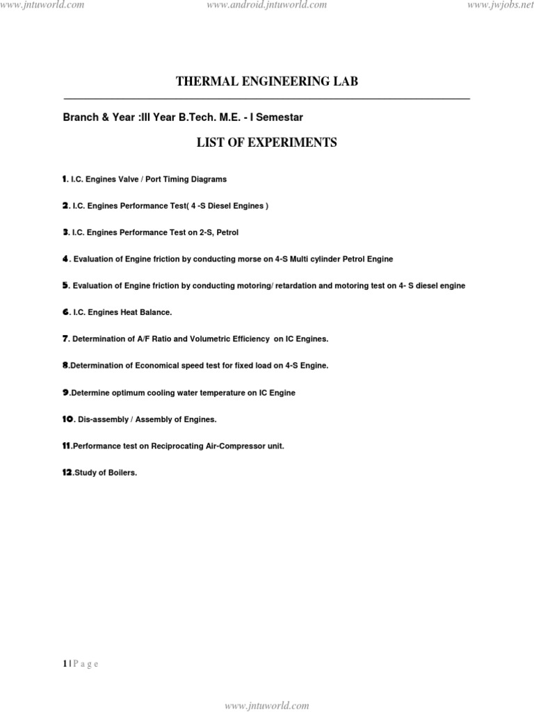 Thermal Engineering Lab: Branch & Year:III Year B.Tech. M.E. - I ...