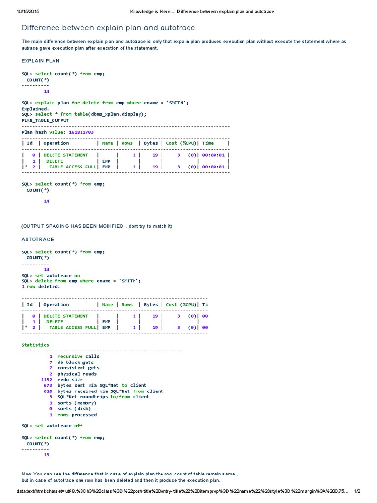 Difference Between Explain Plan and Autotrace: %cpu Time | PDF ...