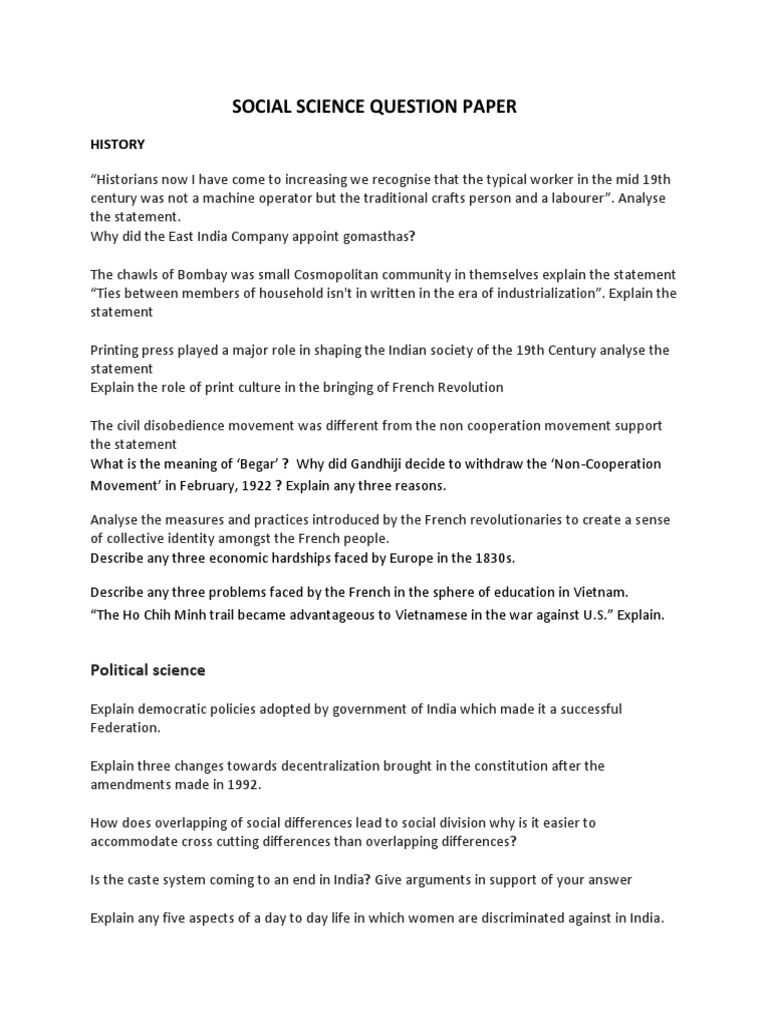 Social Science Question Paper | PDF