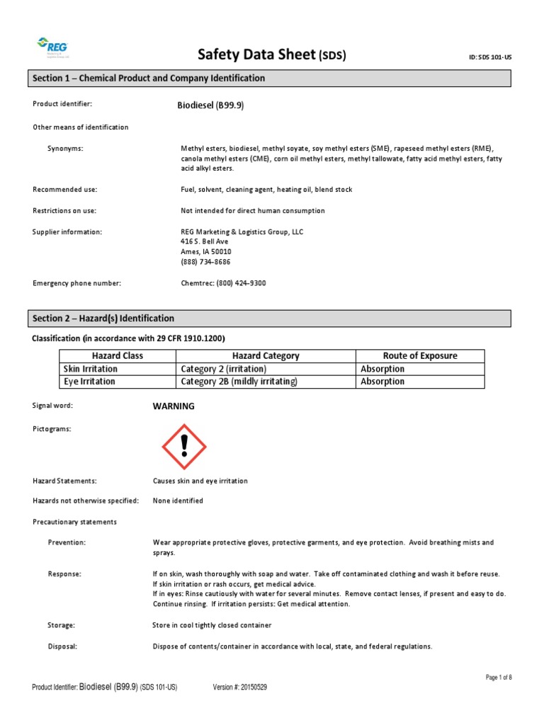 Safety Data Sheet: Biodiesel (B99.9) | PDF | Superfund | Personal Protective Equipment