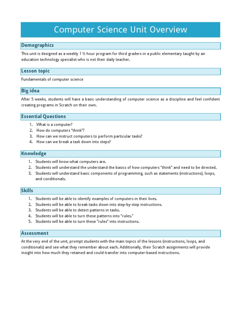 Computer Science Unit Plan | PDF | Educational Technology | Computing ...