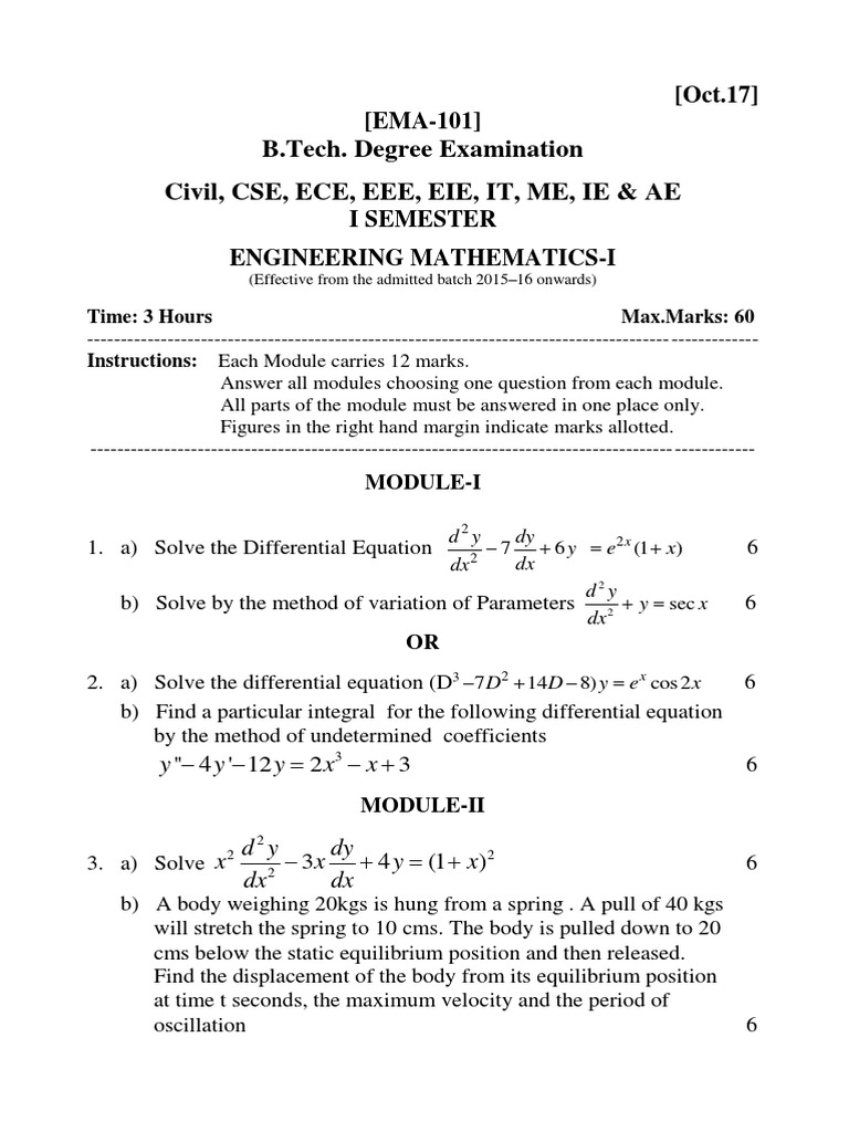 B.Tech. Degree Examination Civil, Cse, Ece, Eee, Eie, It, Me, Ie & Ae | PDF | Laplace Transform ...