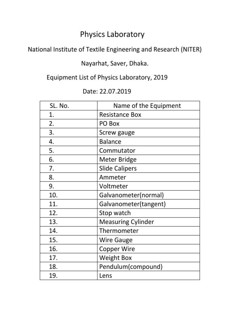 Equipment List of Physics Lab - I & II | PDF