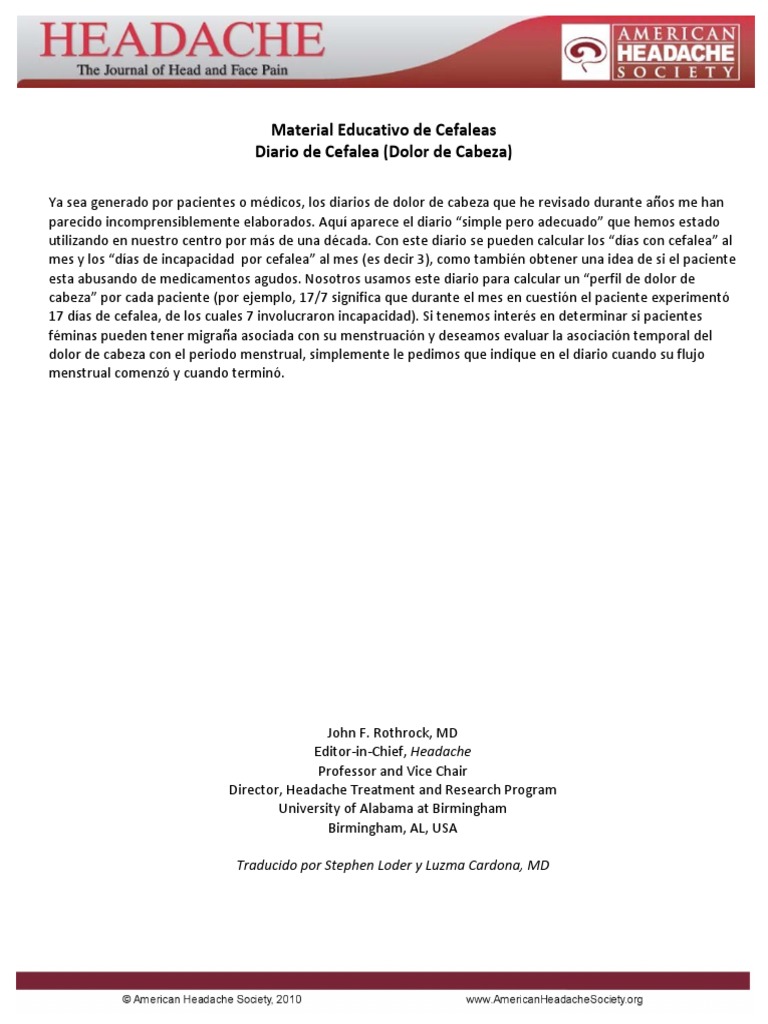 Diario de Cefalea | PDF | Dolor de cabeza | Migraña