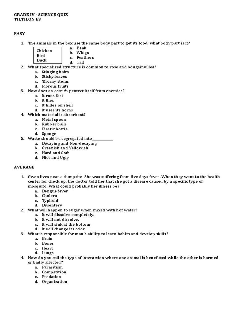 Grade 4 Science Quiz and Answers | PDF | Zoology | Organisms