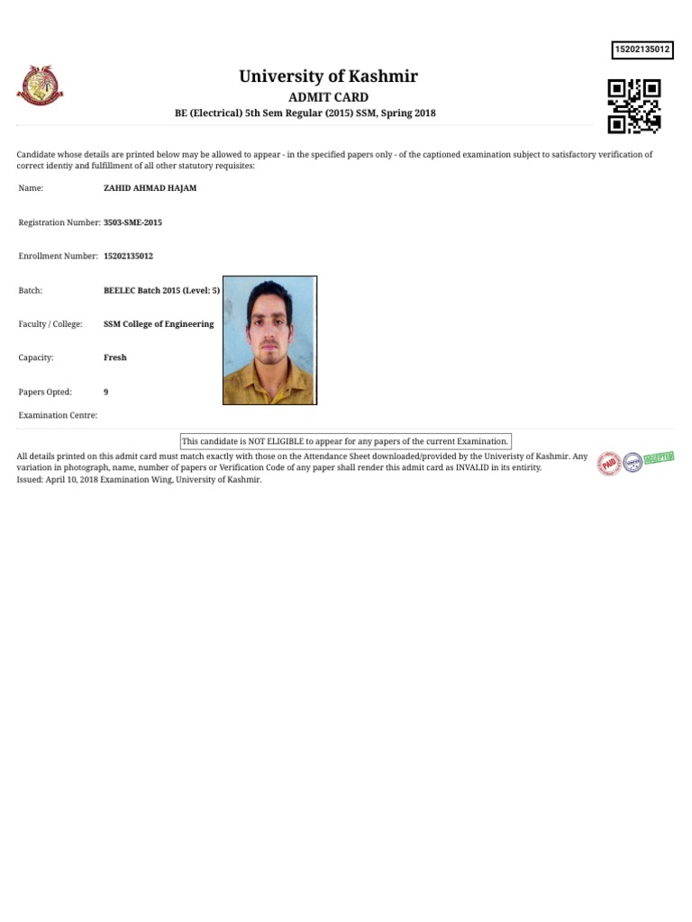 University of Kashmir: Admit Card | PDF
