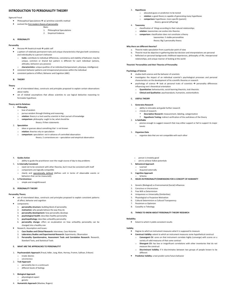 Theories of Personality Reviewer | PDF | Id | Personality Psychology