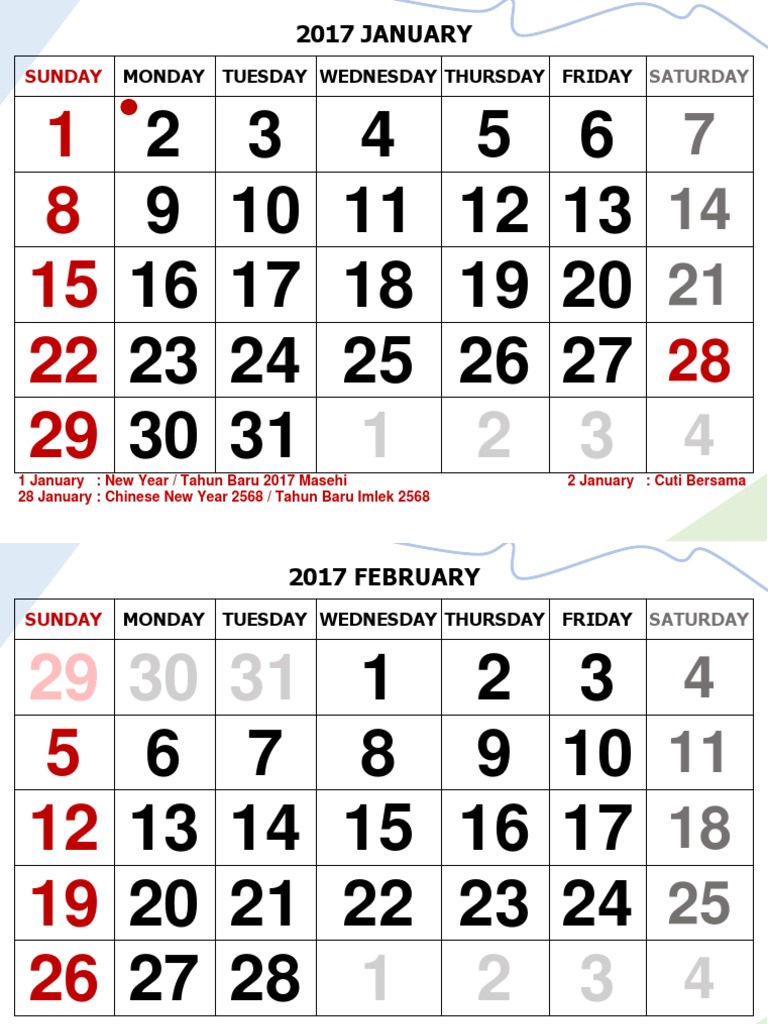 2017 JANUARY: Monday Tuesday Wednesday Thursday Friday | PDF ...