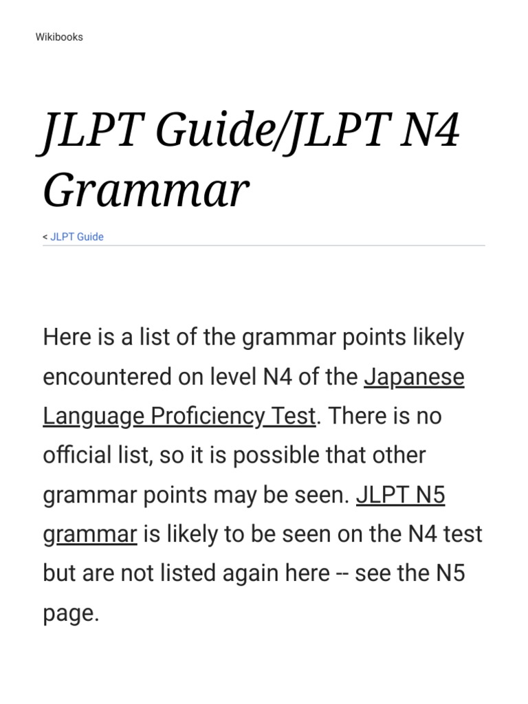 JLPT Guide - JLPT N4 Grammar - Wikibooks, Open Books For An Open World ... JLPT Guide - JLPT N4 Grammar - Wikibooks, Open Books For An Open World ...