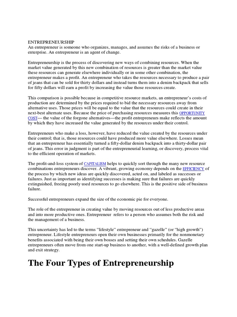 The Four Types of Entrepreneurship: Opportunity Cost | PDF | Startup ...