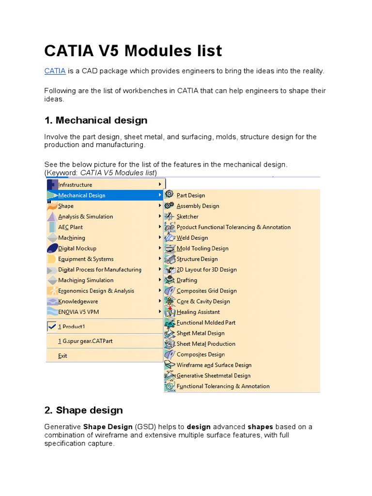 CATIA V5 Modules List | PDF | Human Factors And Ergonomics | Simulation