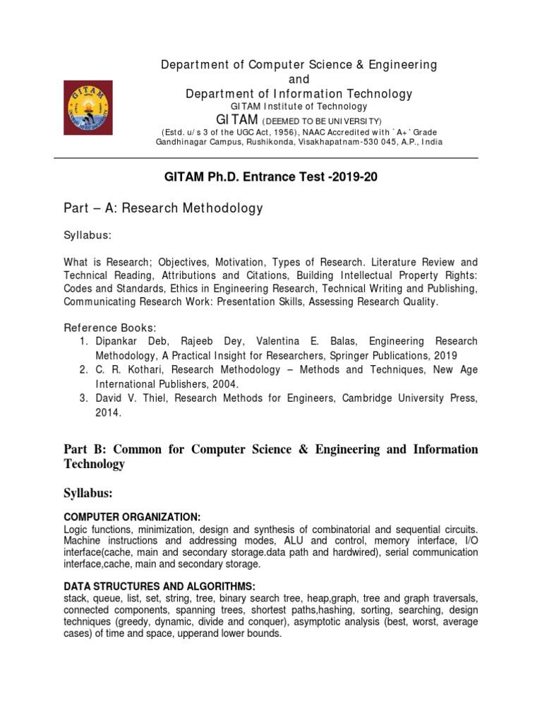 GITAM Ph.D. Entrance Test Syllabus and Sample Paper | PDF | Databases ...