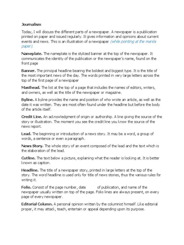 Journalism: Parts of A Newspaper | PDF | Newspapers | News