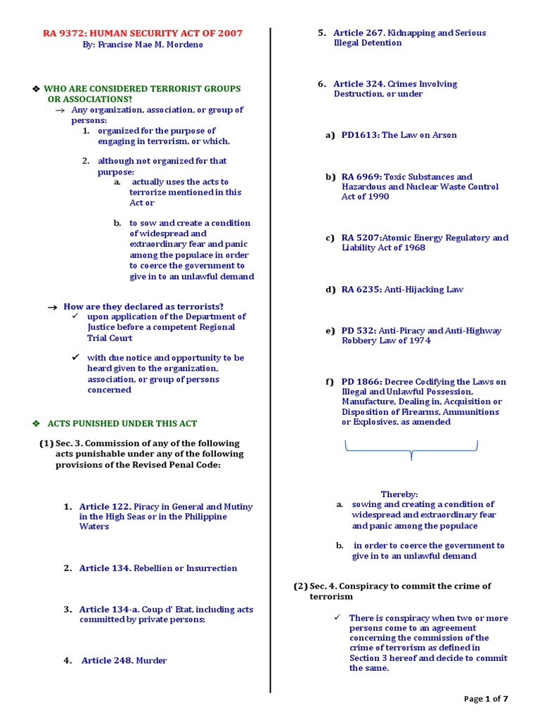 Ra 9372: Human Security Act of 2007: Who Are Considered Terrorist ...