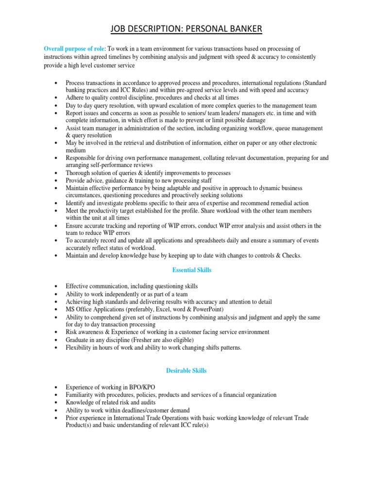 Job Description: Personal Banker: Overall Purpose of Role | PDF | Risk ...