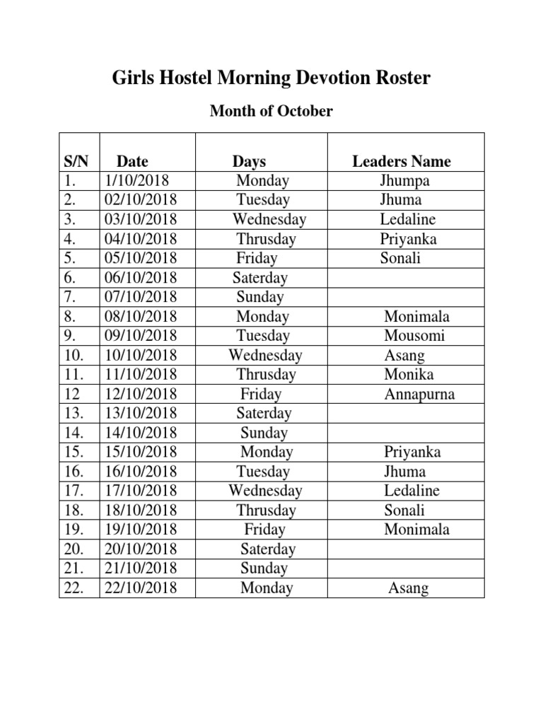 Girls Hostel Morning Devotion Roster-1 | PDF