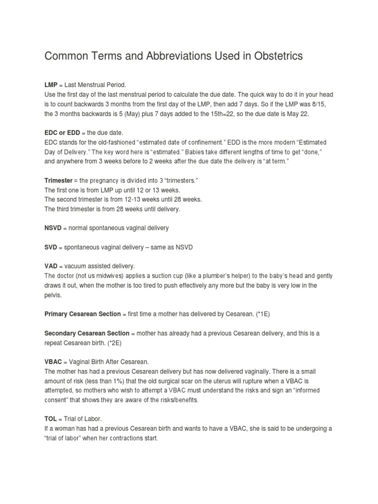 Common Terms and Abbreviations Used in Obstetrics | PDF | Pregnancy ...