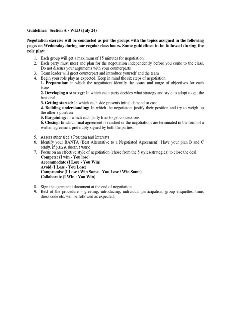 Negotiation Role Play Guidelines | PDF | Negotiation | Business