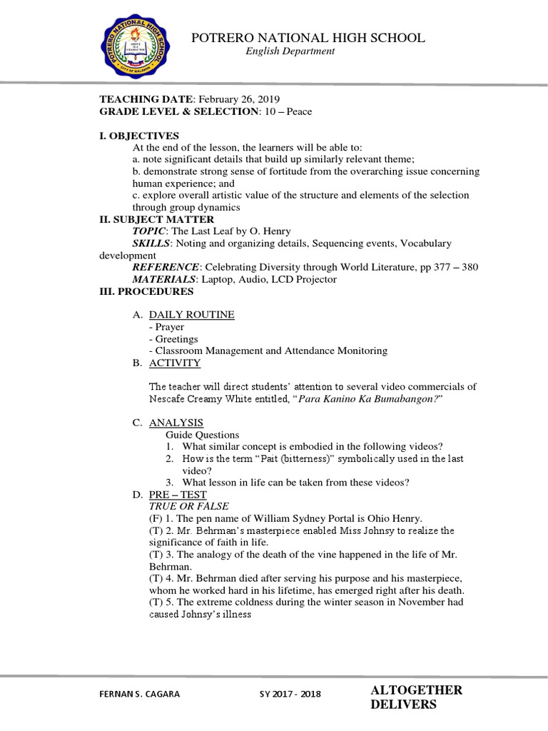 The Last Leaf Lesson Plan | PDF | Lesson Plan | Communication