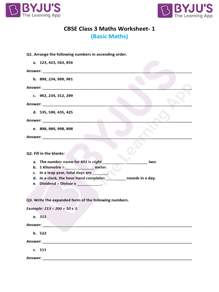 CBSE Class 3 Maths Worksheet 1 | PDF