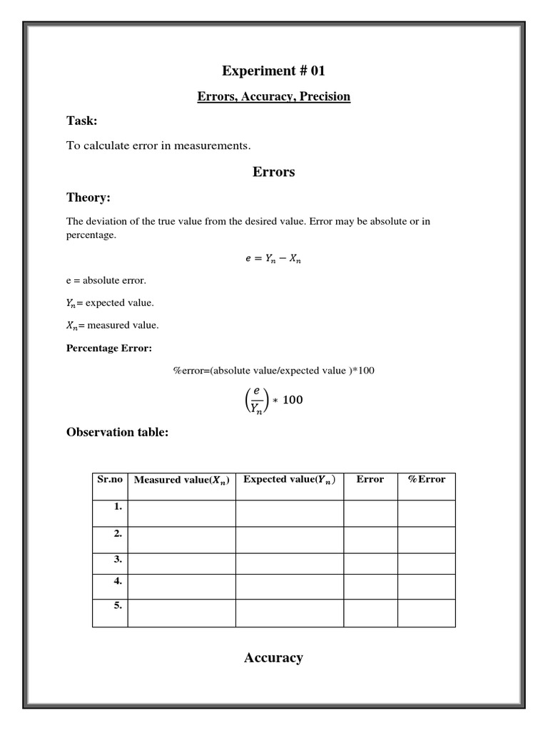 Experiment # 01: Errors, Accuracy, Precision Task | PDF