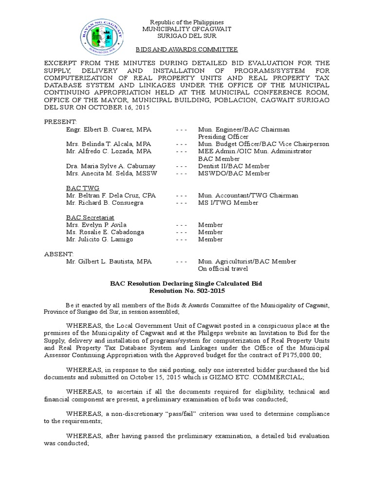 BAC Resolution 2015 - Single Calculated Bid | PDF | Government | Business