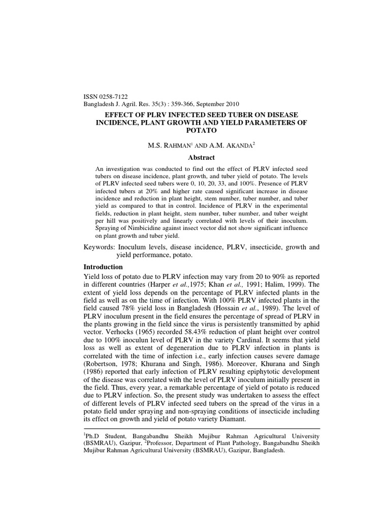 PLRV Impact on Potato Growth & Yield | PDF | Potato | Infection