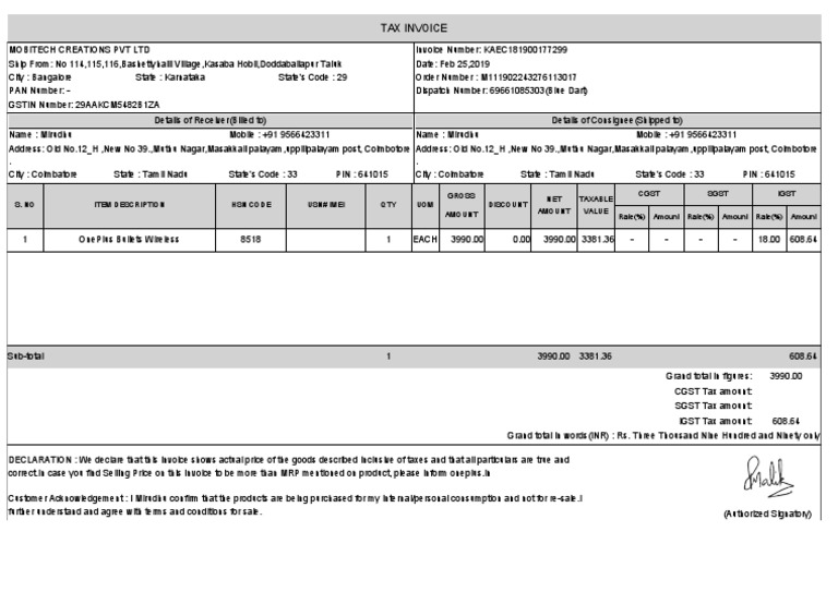 Tax Invoice for the Sale of OnePlus Bullets Wireless Headphones from ...