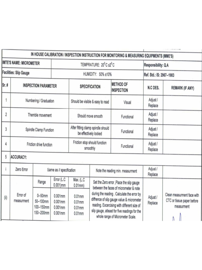 Micrometer in House Calibration Work Instruction | PDF