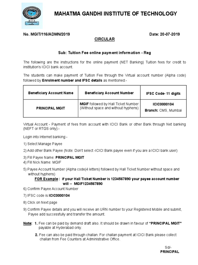 Mahatma Gandhi Institute of Technology: No. MGIT/116/ADMN/2019 Date: 20-07-2019 Circular | PDF ...