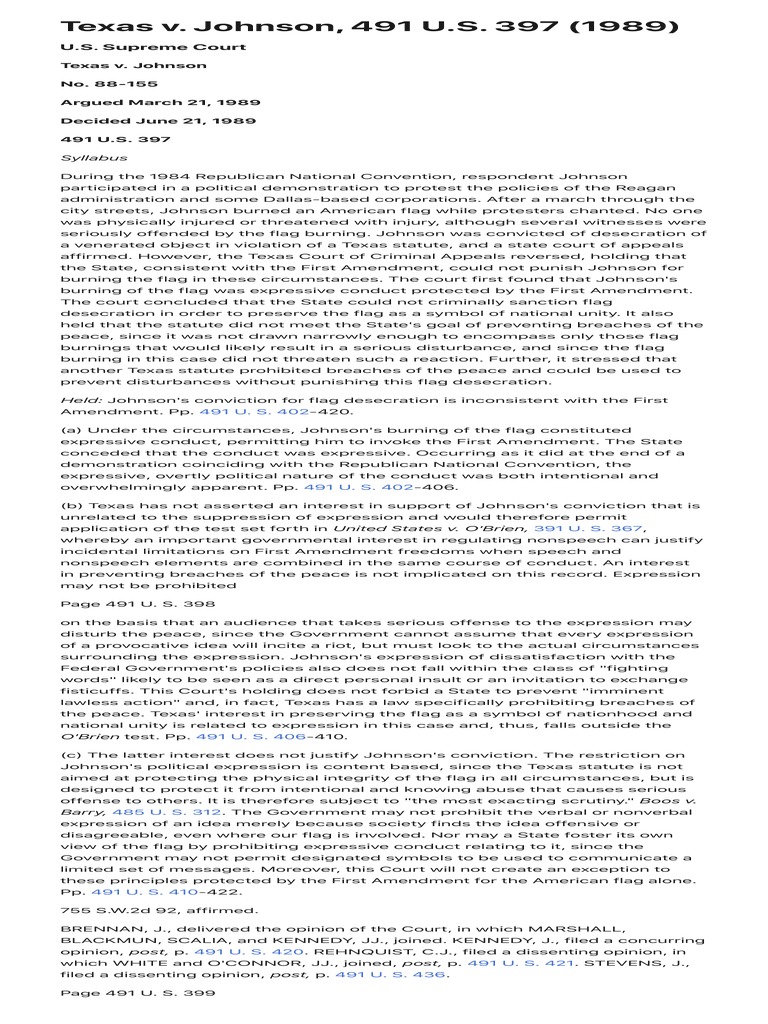 Texas Vs Johnson | Download Free PDF | United States Public Law | First ...