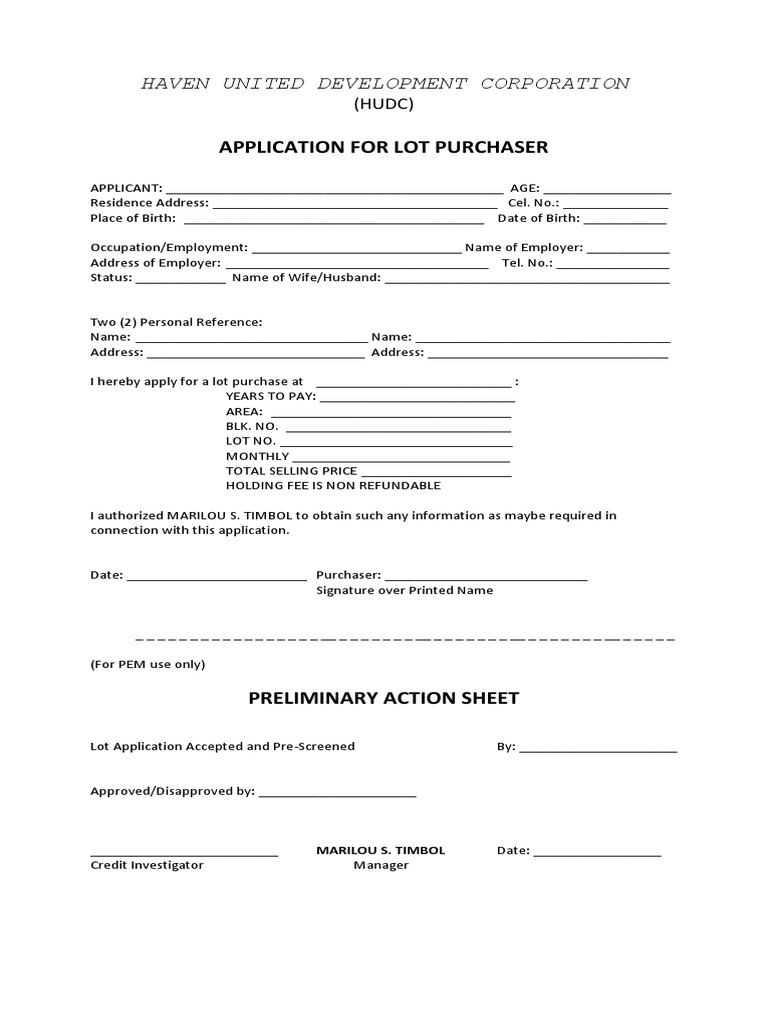 Haven United Development Corporation: Application For Lot Purchaser | PDF
